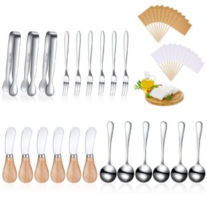 cheese butter spreader knives set charcuterie accessories stainless steel spreader knives with wooden handles charcuterie boards utensils mini serving tongs spoons and forks (silver,21 pieces)