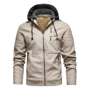 maiyifu-gj men's faux leather hooded jacket vintage pu moto windproof hoodie coat winter warm fleece lined motorcycle jacket (white,4x-large)