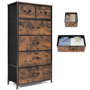 vredhom fabric dresser for bedroom, tall skinny dresser with 6 drawers, storage organizer tower, steel frame wooden top for closet, living room, hallway(rustic brown)