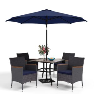 sophia & william 5 pieces outdoor furniture with 9ft navy patio umbrella, outdoor patio dining set for 4 people, square faux wood patio table and rattan chairs, patio furniture set with seat cushions