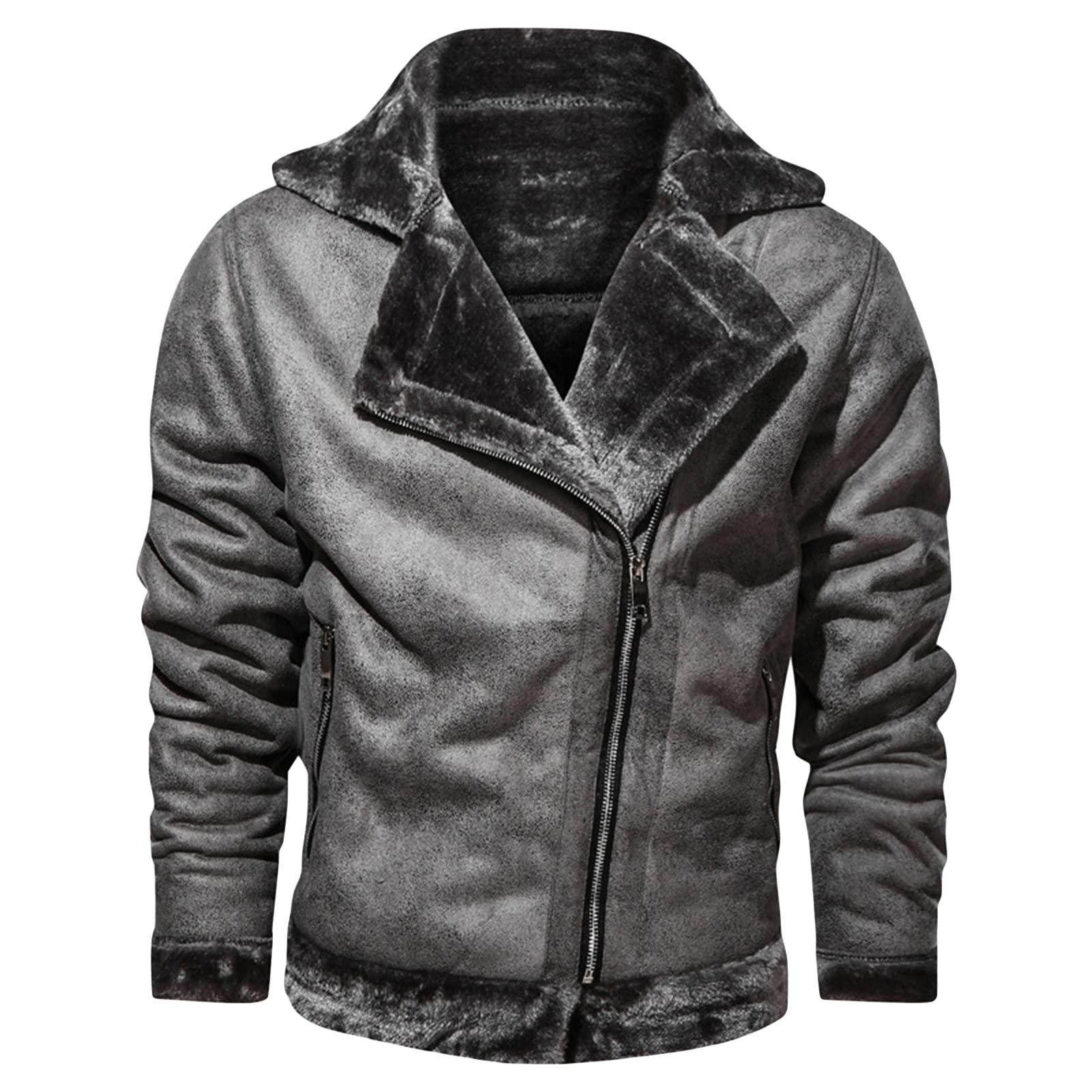 Maiyifu-GJ Men's Faux Leather Fleece Jacket Winter Warm Motorcycle Fur Vintage Coat Retro Suede Motorcycle Bomber Jackets (Grey,3X-Large)