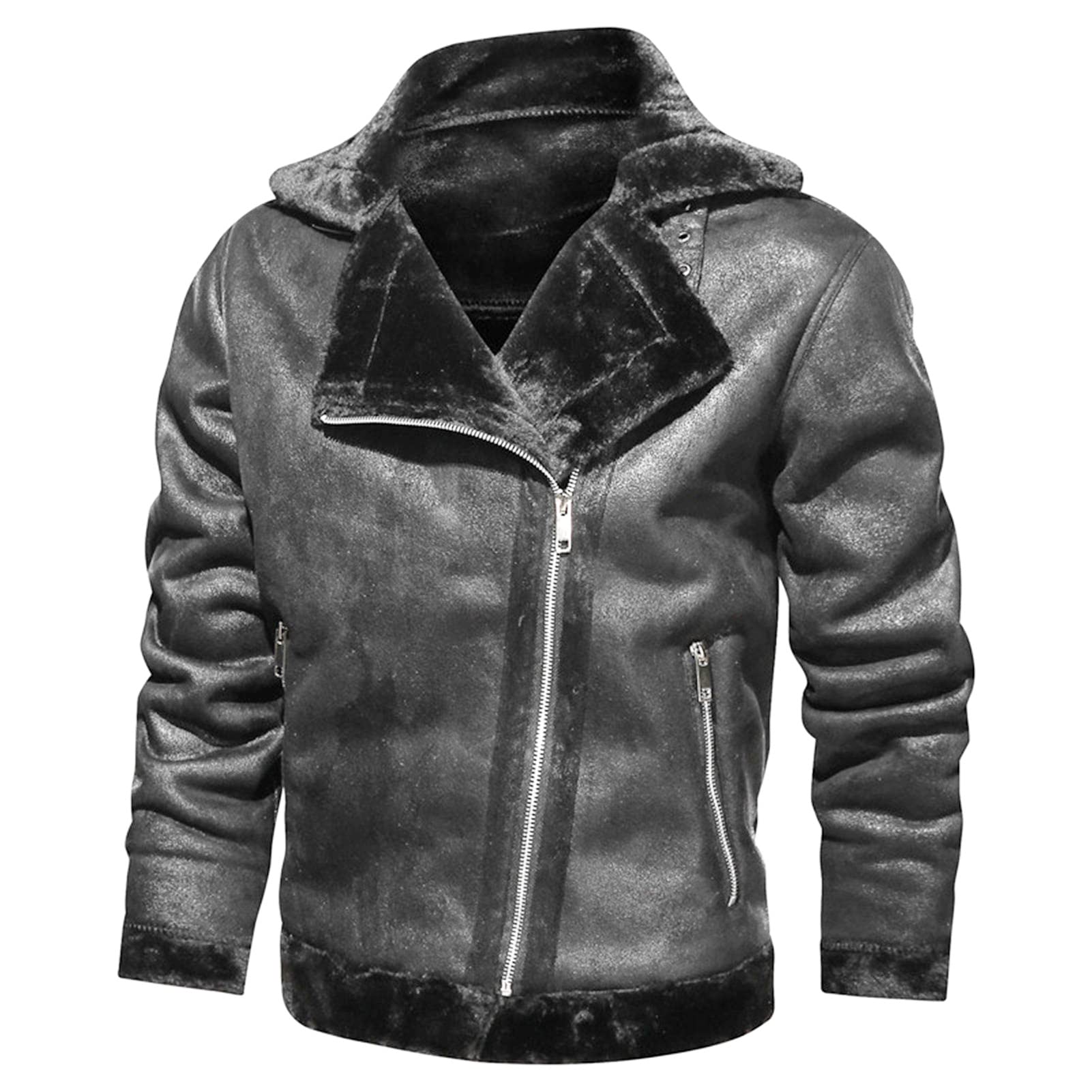 Maiyifu-GJ Men's Faux Leather Fleece Jacket Winter Warm Motorcycle Fur Vintage Coat Retro Suede Motorcycle Bomber Jackets (Grey,3X-Large)