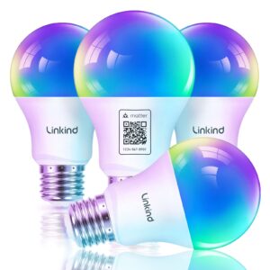 linkind matter smart light bulb, smart bulbs work with apple home/siri/alexa/google home/smartthings, led rgbtw color changing bulbs music sync, smart home, a19 e26 60w 800lm, 2.4ghz wifi only, 4 pack