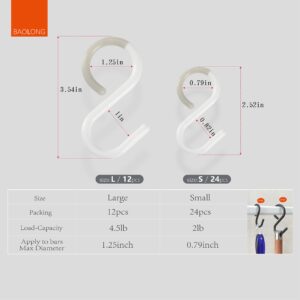 BAOLONG S Hooks for Hanging with Safety Buckle Anti-Drop S Hook 24 Pack 2.52inch White Windproof Hanger for Clothes, Bathroom and Kitchen Utensil Anti-Rust Plastic Ornaments Hooks