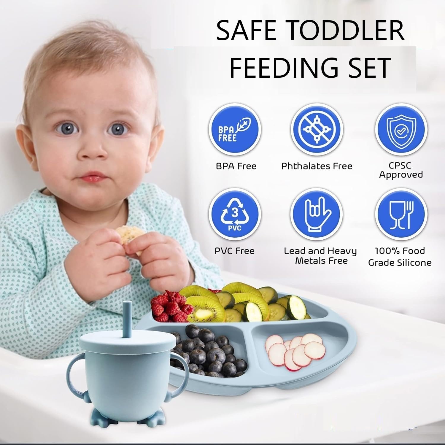 10 Piece Baby Feeding Set | 100% Food Grade Silicone | Non Slip | Suction Bowl and Plate | Self Feeding Utensils | Led Weaning Supplies | Microwave and Dishwasher Safe | 6+ Months