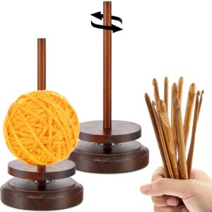 juexica 2 pcs wood yarn holder with 12 bamboo crochet hooks wooden yarn holder with twirling mechanism wooden spinning yarn crochet needles for knitting crocheting diy crafts gifts(red brown)