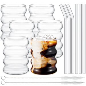 6 pcs creative glass cups cute ripple shaped vintage drinking glasses ribbed glassware clear aesthetic cups entertainment dinnerware glassware with straws set for kitchen coffee juice water beverage