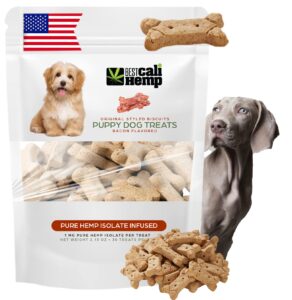 best cali hemp puppy treats calming chews for dogs anxiety with vitamin a, e, d3, b12 supplement, helps relax, reduce stress, storm anxiety, calming, sleep aid for dogs - bacon (30 treats)