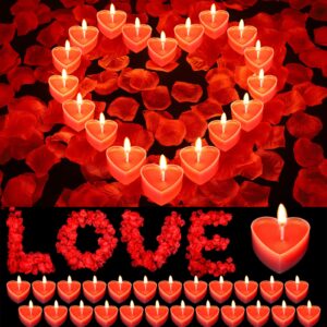 giegxin 24 pcs heart tealight candles with 2000 pcs rose petals for romantic night for her set red heart candles for valentine's day decorations home party gift