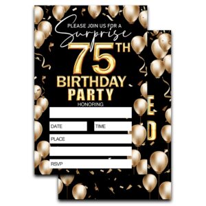 keydaat 75th birthday invitation - black and gold birthday invite - birthday invite ideas for adult woman and man - 20 fill-in invitation cards with 20 envelopes -th014