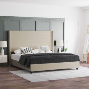 emma + oliver nora wingback platform bed - beige faux linen upholstery - durable engineered wood frame - no box spring needed - lightweight design - king