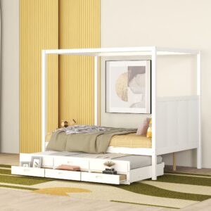 queen canopy beds with trundle wood 4-poster bed with storage drawers modern queen size bed frame with headboard for adults kids teens, white