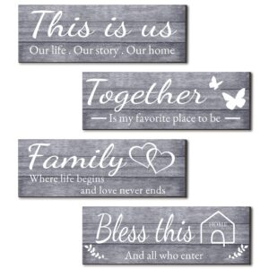 joyhawk 4 pieces wall decor signs, this is us, together, bless this home, family rustic wooden farmhouse wall art décor for living room bedroom kitchen, , 4.7 x 13.8 inch(grey)