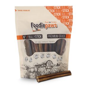 foodiepaws all natural 6-inch jumbo bully sticks odor free usa packed for medium, large dogs- 100% free-range grass-fed beef-single ingredient & rawhide free-longer lasting dental dog chews 10 pcs