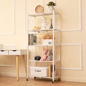 letusto foldable collapsible shelf with wheels & breaks - folding shelf heavy duty metal frame pantry shelving unit - origami bookcase - no assembly bookshelf (white, 5 tier)