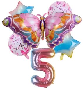 butterfly balloons 5th birthday decorations for girls, butterfly birthday party supplies fairy pink princess groovy party supplies favors anniversary decor, 32 inch gradient balloon number 5