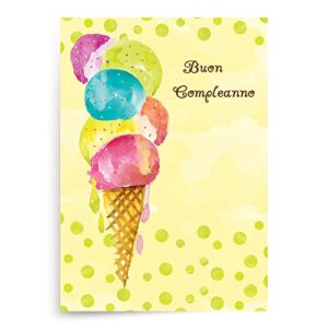 designer greetings italian language happy birthday cards, fun colorful ice cream design (pack of 6 cards with green envelopes / 6 biglietti di auguri e buste)