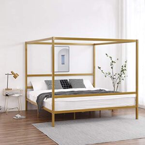 bonnlo metal canopy bed frame king,gold 4 poster bed,10 inches canopy platform bed,no box spring needed