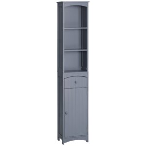 homcom bathroom storage cabinet, free standing bathroom storage unit, tall linen tower with 3-tier shelves and drawer, grey