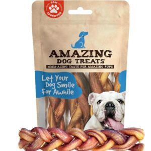 amazing dog treats 6" braided bully stick (10 pcs/pack) - bully stick for dogs - made from premium grass fed argentinian beef