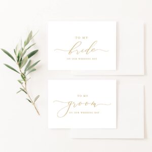 To My Bride To My Groom On Our Wedding Day Card 4x5.5 Folded White Card with Gold Caligraphy with Gold Foil Lined Envelopes 2 Card Set Vow Cards Elegant Minimalist Style Wedding Cards