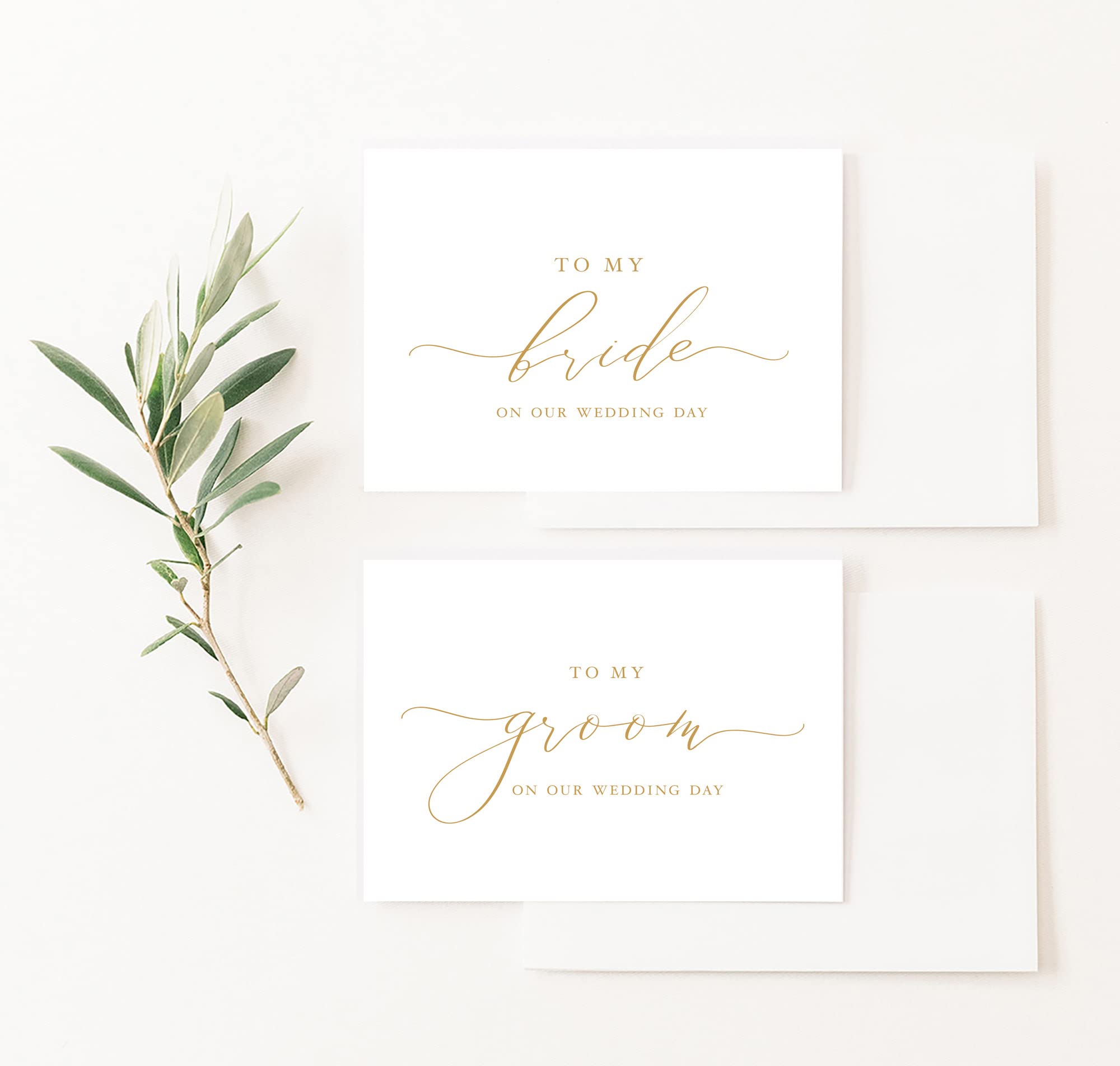 To My Bride To My Groom On Our Wedding Day Card 4x5.5 Folded White Card with Gold Caligraphy with Gold Foil Lined Envelopes 2 Card Set Vow Cards Elegant Minimalist Style Wedding Cards