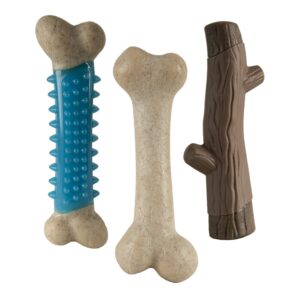 hero bonetics 3 pack dog bundle with treat bone - promotes healthy teeth & gums - mint dental bone, wood scented stick, peanut butter femur bone - for medium dogs