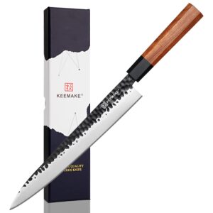 keemake sushi knife 10 inch, sashimi knife with 440c stainless steel blade yanagiba knife, japanese sushi knife with g10 bolster and octagonal rosewood handle carving knife with gift box