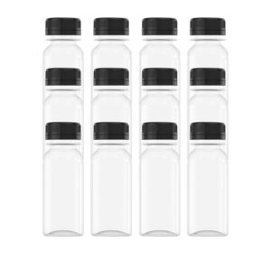 aqsxo 12 pcs 2 oz mini plastic juice bottles, reusable bulk beverage containers, comes black lid, for juice, milk and other beverages.