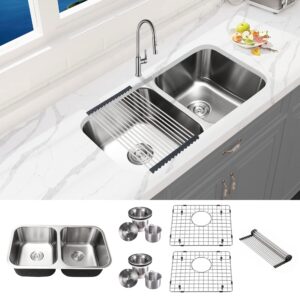 kabco 32 inch big double equal bowl stainless steel classic kitchen sink, rust sound and heatproof undermount sink with sink strainers, removable baskets, sink grids, and a rolling up grid