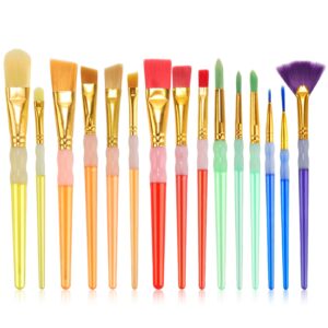 15pcs paint brushes value pack, includes 15 different types of brushes, nylon colorful hair with silicone crystal penholder, prefect works with oil, acrylic and watercolor painting