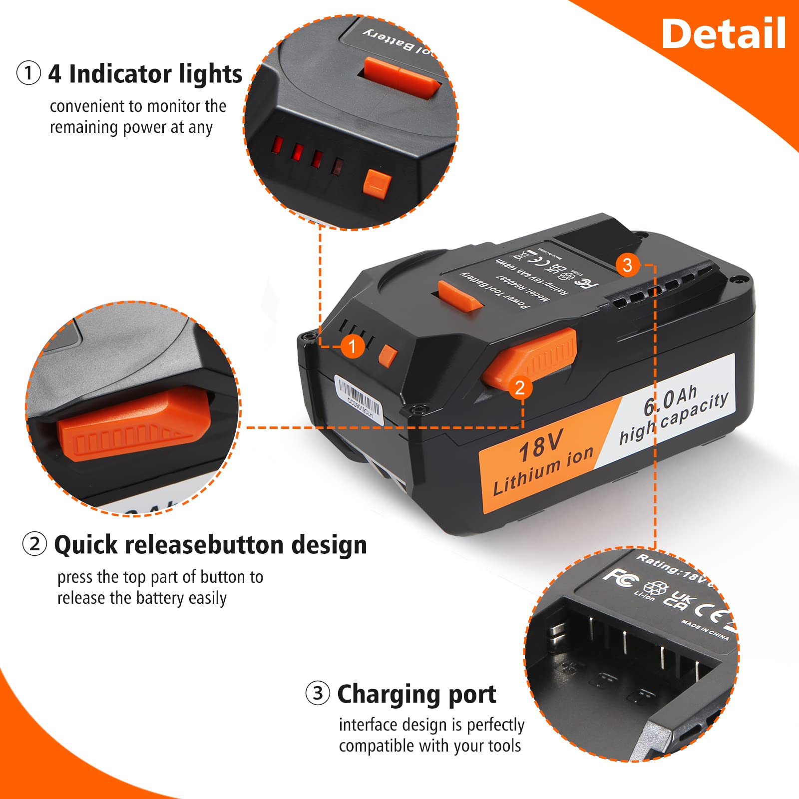 powerost 18V Lithium ion Battery: Replacement for Ridgid R840085 R840087 R840083 R840084 130254003 Octane Drill - Compatible with Ridgid 18 Volt Charger 6Ah 2 Pack