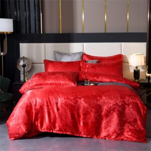 tuman pro european-style satin jacquard duvet cover set, red luxury comforter set for all-season, ultra soft breathable bedding set with 1 duvet cover & 2 pillowcases,no comforter (red, queen)