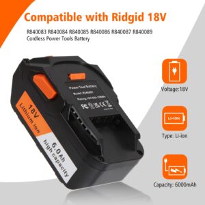 powerost 18V Lithium ion Battery: Replacement for Ridgid R840085 R840087 R840083 R840084 130254003 Octane Drill - Compatible with Ridgid 18 Volt Charger 6Ah 2 Pack