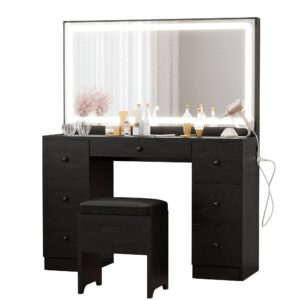 ironck vanity desk with led lighted mirror & power outlet, 7 drawers makeup vanities table with stool, for bedroom, white