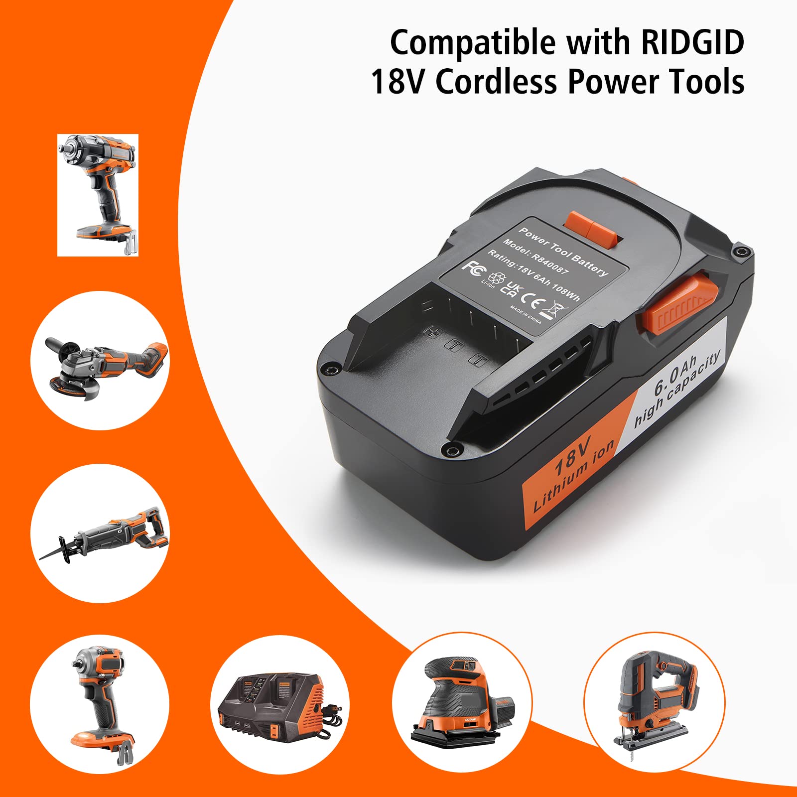 powerost 18V Lithium ion Battery: Replacement for Ridgid R840085 R840087 R840083 R840084 130254003 Octane Drill - Compatible with Ridgid 18 Volt Charger 6Ah 2 Pack