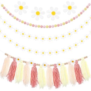 rtteri 4 pcs daisy garland felt ball classroom retro garland boho pom pom groovy tassel garland hippie decor party banner for school wedding birthday bridal window wall home room(pink series color)