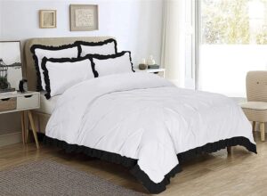 decorative 5pc two tone pinch pleated corner ruffle frilled duvet cover set with zipper, 100% egyptian cotton, 400 thread count - white/black solid, oversize queen size.