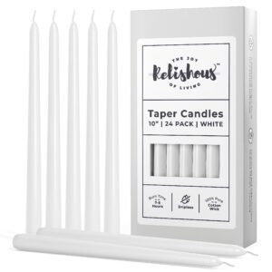 relishous 24 pack tall white taper candles, 10 inch (h) dripless, unscented dinner candle, smokeless taper candles, paraffin wax with cotton wicks, 8 hours burn time