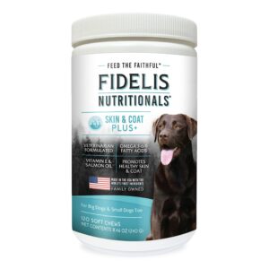 fidelis skin & coat plus+ dog skin & coat supplement, omega 3, vitamin e, salmon oil for dogs, fatty acids, healthy skin, shiny coat, adult, big & small, made in usa, vegetable flavor, 120 soft chews