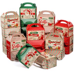 24 pcs christmas cardboard treat boxes red and green xmas santa delivery from north pole gift boxes for goodie cookie with handles food packaging boxes for office party favor supplies (cute style)