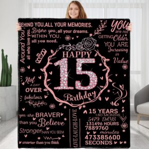 15th birthday blanket gifts for girls - happy 15th birthday gift ideas for her - 15 year old gifts for daughter sister bestie - personalized flannel fleece soft throw blanket