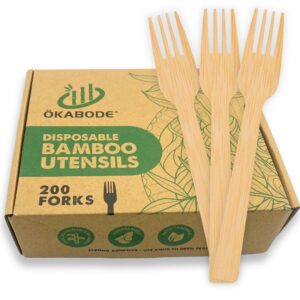 Ökabode disposable bamboo utensils set, 200 bamboo forks | 100% bamboo cutlery set not wooden utensil set | eco-friendly compostable utensils | 100% biodegradable utensils