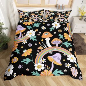 erosebridal trippy mushroom duvet cover queen groovy floral bedding set cute rainbow comforter cover with zipper closure two groovy party boho hippie mushroom bed sets retro party decorations bedding