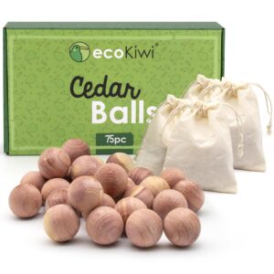 ecokiwi cedar balls for clothes storage 75 pack - 100% natural red cedar blocks for clothes storage - aromatic cedar chips for closets & drawers - cedarwood oil planks with sandpaper & 3 cotton bags