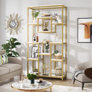 tribesigns 71" gold etagere bookshelf, modern 11-tier tall open display bookcase bookshelves, free standing book shelf for living room, bedroom, home office, gold & white