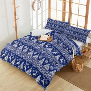 3 pieces twin bedding duvet covers set winter geometric xmas tree reindeer soft quilt cover and pillow shams, comforter cover sets with zipper closure for bedroom decor christmas ethnic red blue