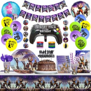 gamer birthday decorations for boys 142 pcs video game party supplies - include balloons, party favors bags, flatware, spoons, plates, cups, table cover, cake topper, bracelets, button pins, banner