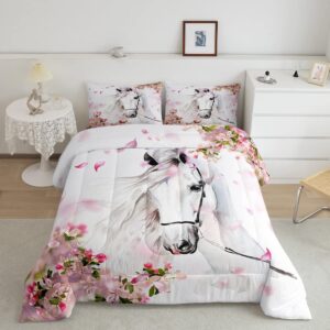 erosebridal girls horse comforter set twin chic cherry blossom bedding set boys teens galloping white horse duvet insert 3d wild animal horse quilts western rustic farmhouse style bedroom decor 2 pcs