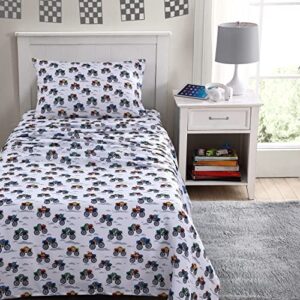 poppy & fritz kids, twin sheet set, stain resistant kids bedding, soft & cozy toddler bedding set (trucks grey, twin)